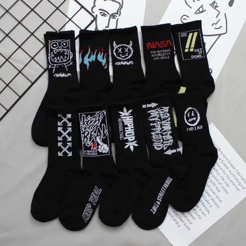 Korean Socks Iconic Black Printed Socks For Women Men | Shopee Philippines