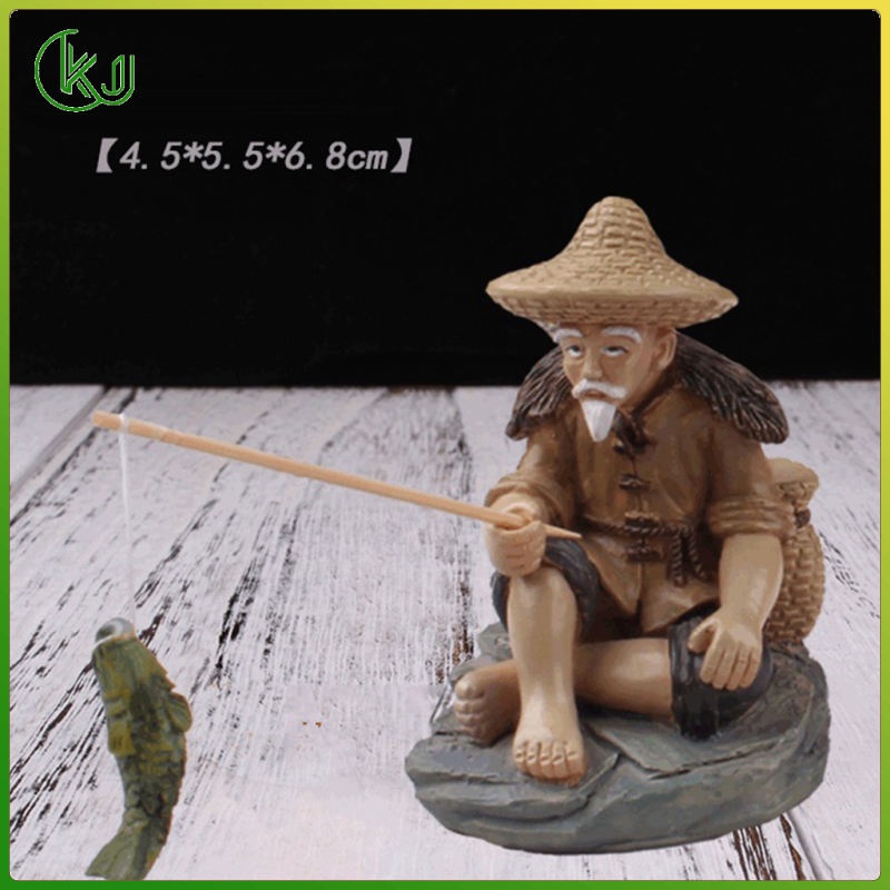 Small Fisherman Garden Statue Figurine Fishing Old Man Sitting ...