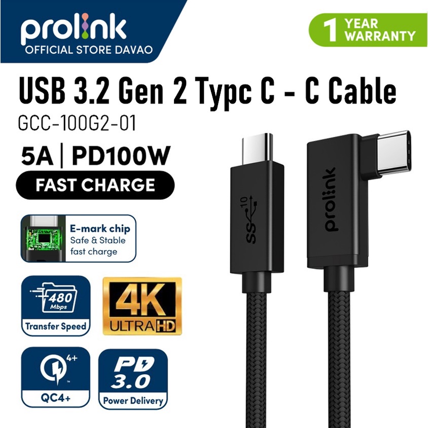 Prolink 100W USB C-C PD Cable USB3.2 Gen 2| Nylon Braided| 2m (Data ...