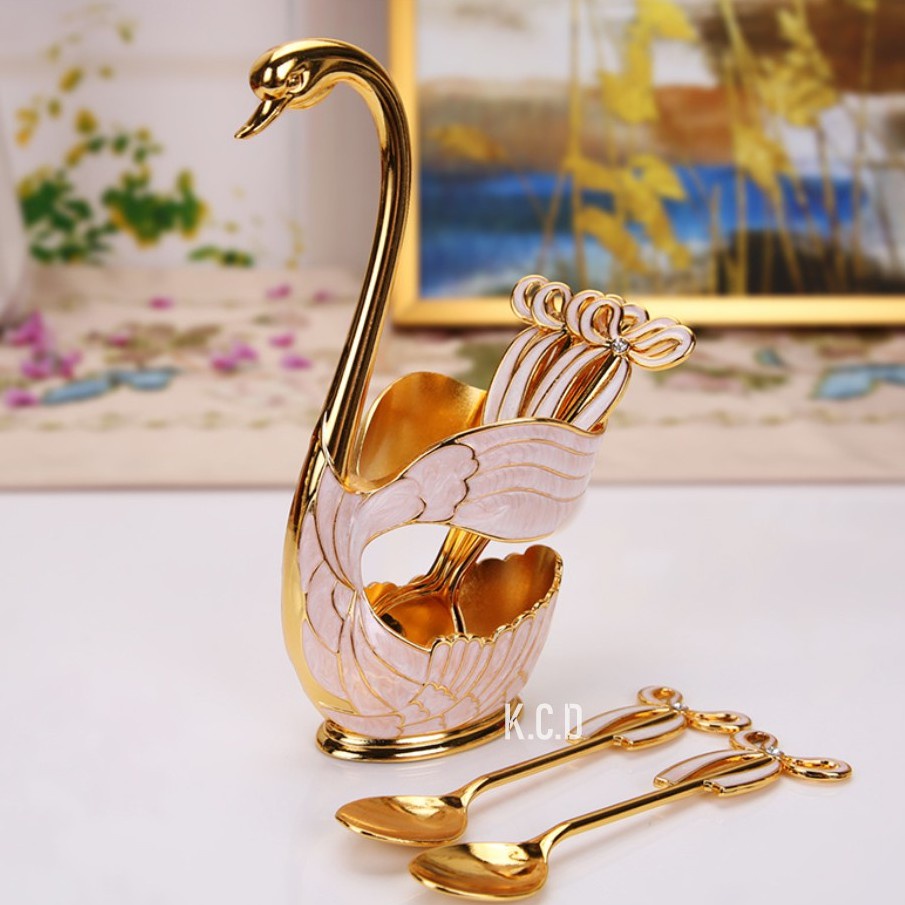 7 Piece Deluxe Swan Bottom Spoon Meal Holder Set Stainless Steel Salad ...