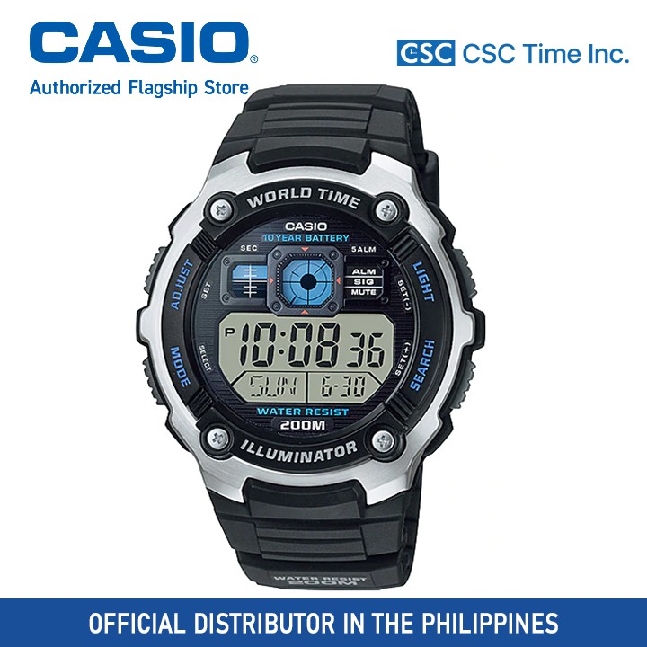 Casio (AE-2000W-1AVDF) Black Resin Strap 200 Meter World Time Digital ...