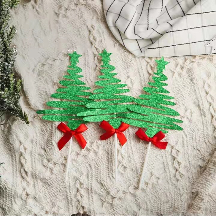 Ins Merry Christmas Green Glitter Tree Paper Card Cake Topper Props