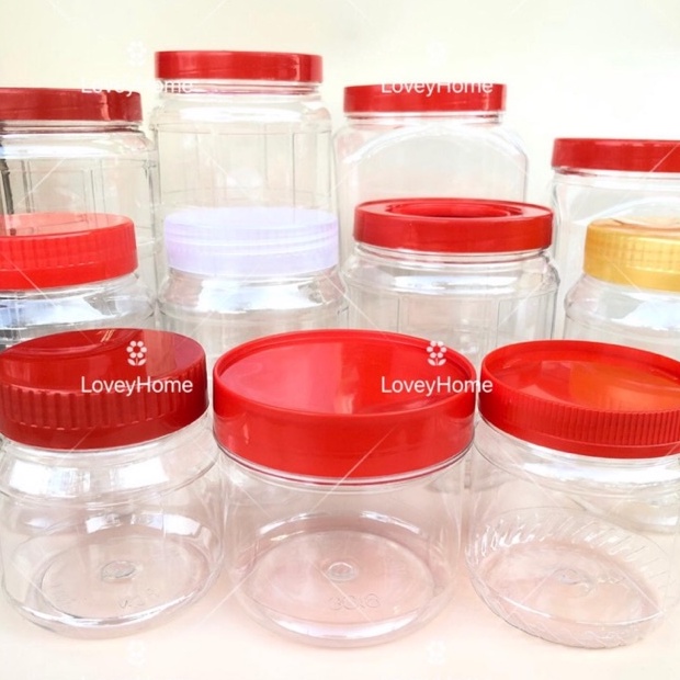New year Cookie Jar Plastic Bottle Container Pet Jar Red Cap Gold White ...