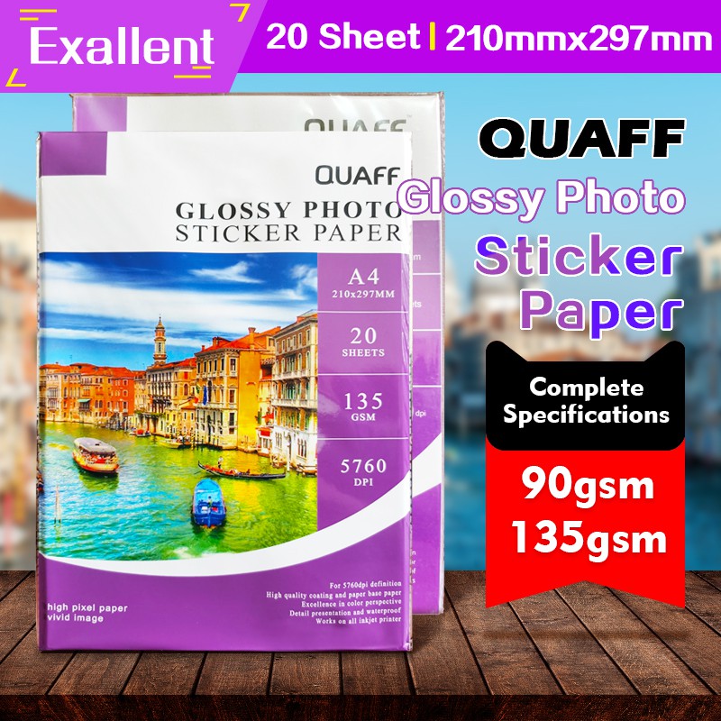 Quaff Photo Sticker Paper 90/135gsm A4 Glossy 20 / 50 / 100 Sheets ...