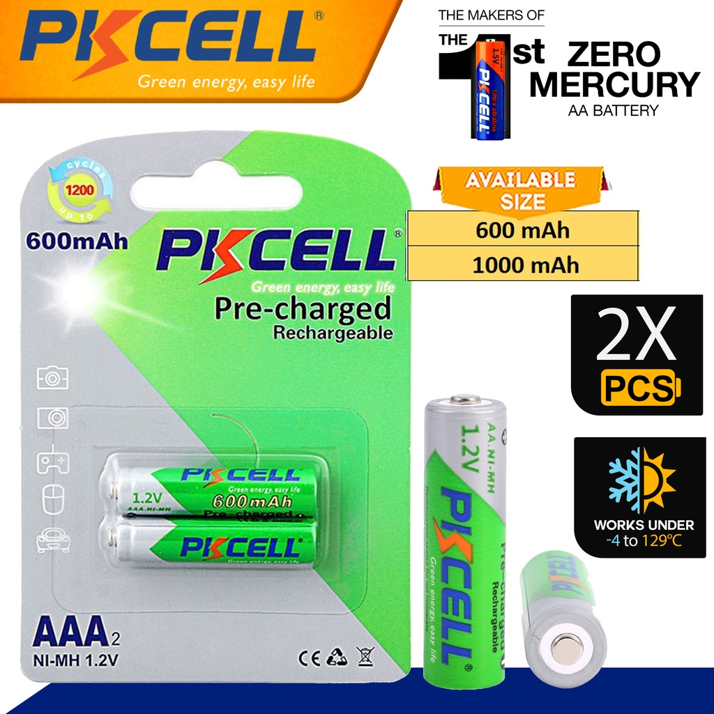 PKCELL 2pcs AAA Rechargeable Batteries RTU (600mAh | 1000mAh) Ni-MH 1 ...