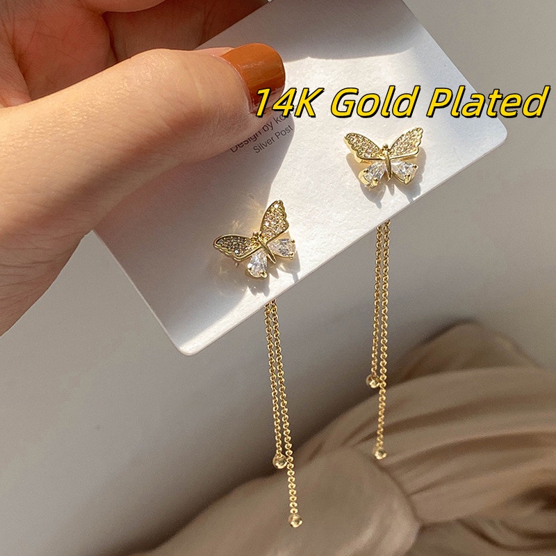 【MissFairy】S925 Silver Butterfly Dangling Earrings Cute Long Tictac Tassel Earring Korean Earing ...