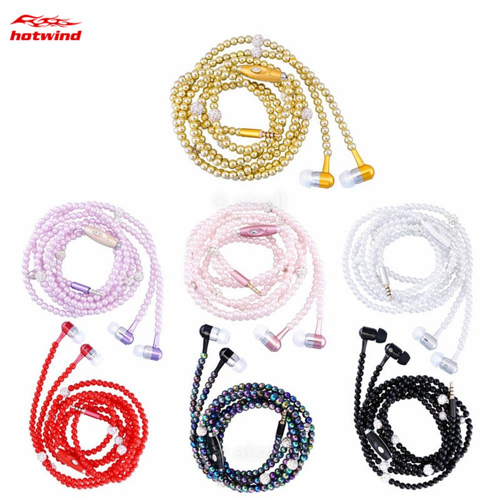 Pearl Necklace Earphone 3.5mm In-Ear Headset Pink Rhinestone Necklace ...