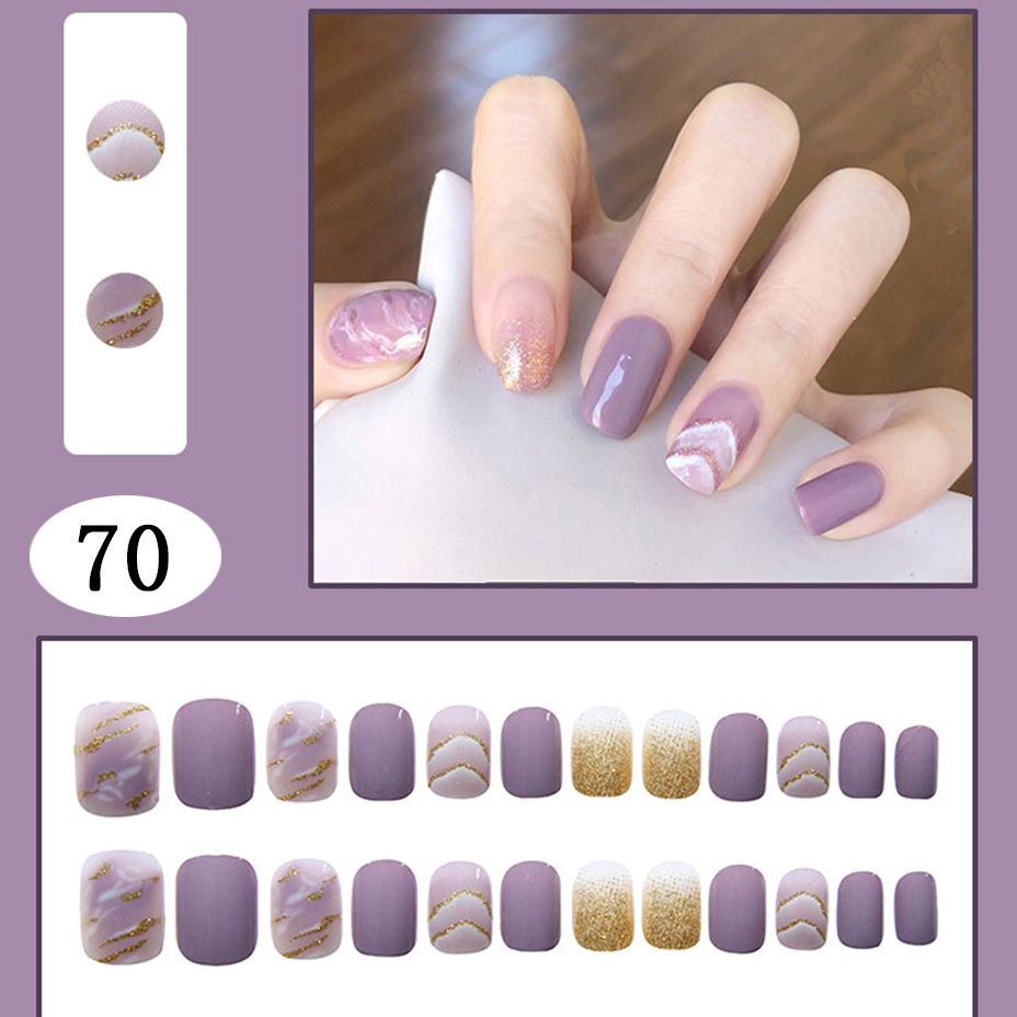 70 Fake Nails Set with Glue Purple Corrugated Short Extension Fake ...