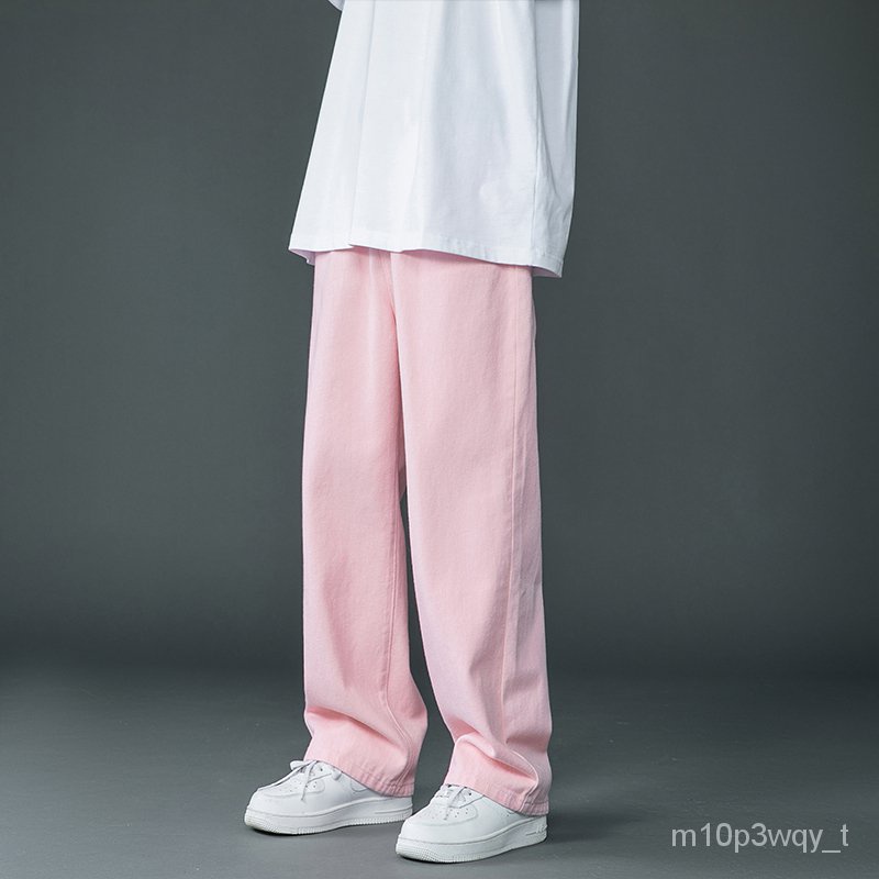 Korean Fashion Pink Jeans Men Streetwear Baggy Straight Simple Drape ...