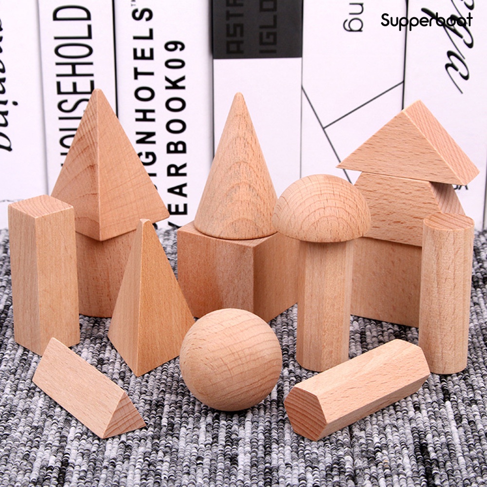SU_ 15Pcs Wooden Blank 3D Geometry Solid Blocks Kids Learning Math ...