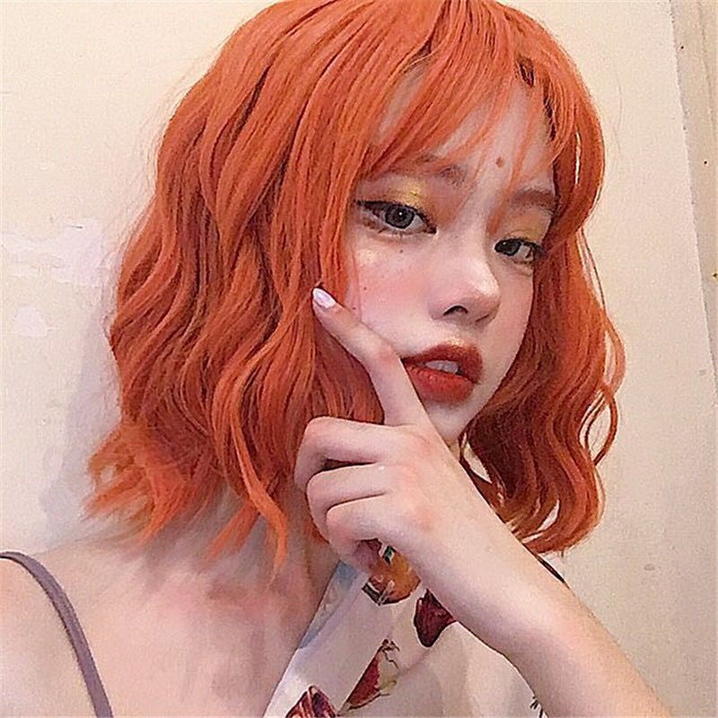 Halloween Orange Short Curly Hair Wig Korean Air Bangs Matte Simulation ...