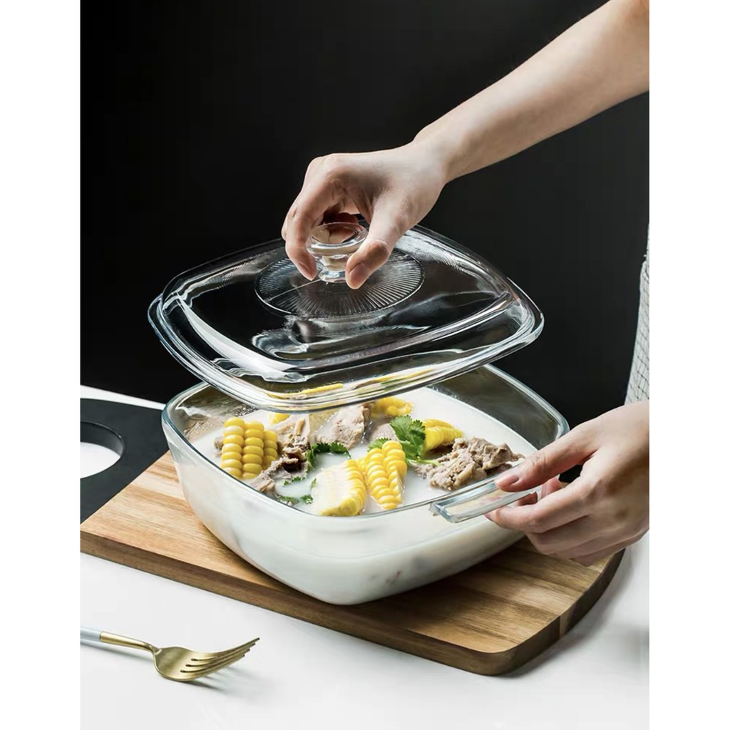 Microwaveable Square Tempered Bakeware Glass Transparent with Cover ...