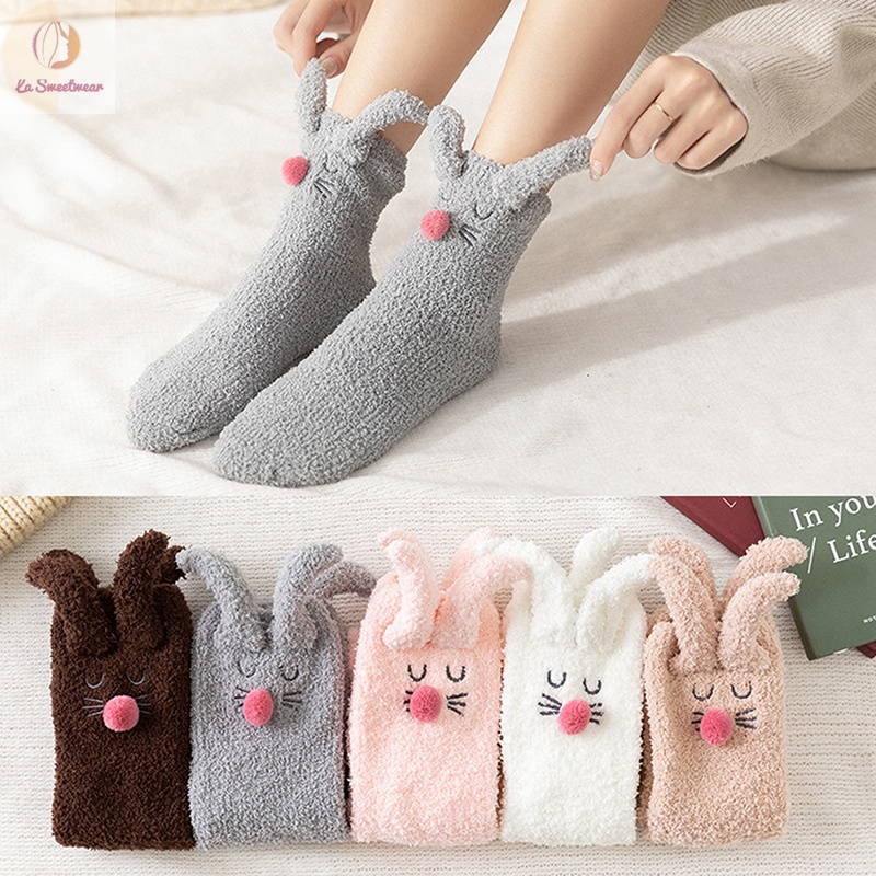 Rabbit Coral Fleece Sock Women Winter Warm Soft Fluffy Bed Socks Lounge