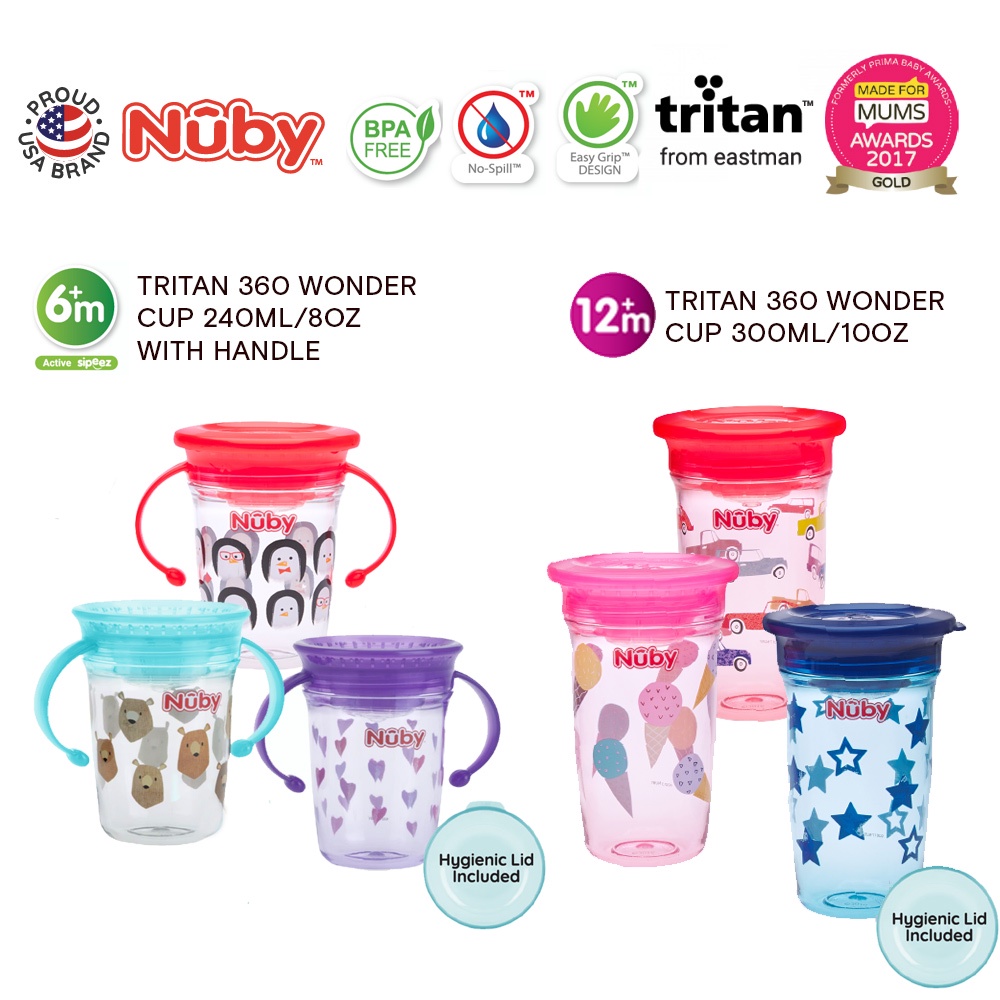 Nuby 360 TRITAN Wonder Cup 240ml/8oz with Twin Handle / 300ml/10Oz Tritan Printed No Spill ...