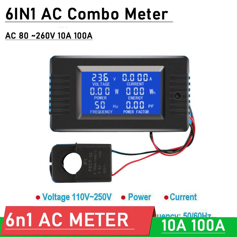 6IN1 AC Combo Meter 110V 220V 10A 100A Digital Ammeter Voltmeter ...