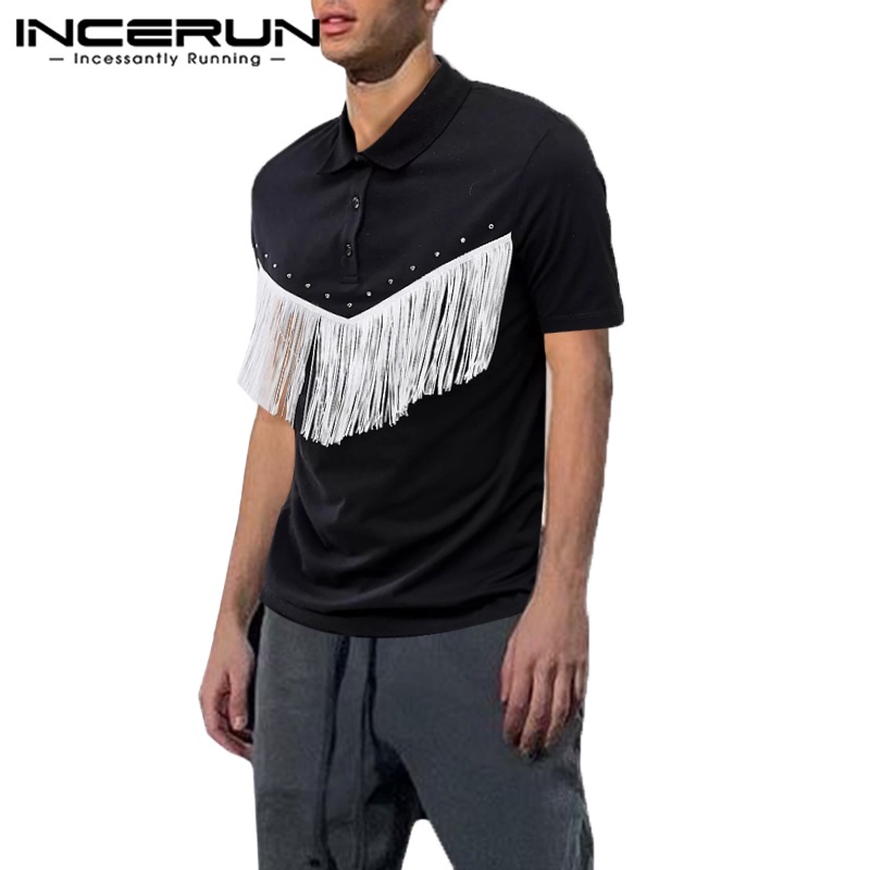 INCERUN Men Simple Style Tassel Short Sleeve Lapel Collar Loose Polo ...
