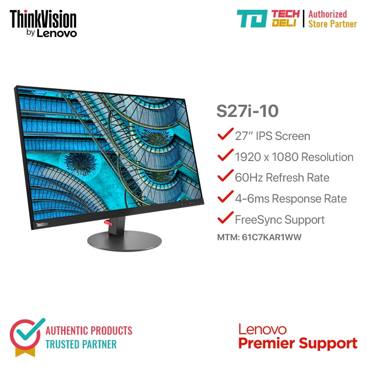 ThinkVision S27i-10 27" FHD Monitor, IPS Screen, 60Hz Refresh Rate, 4 ...