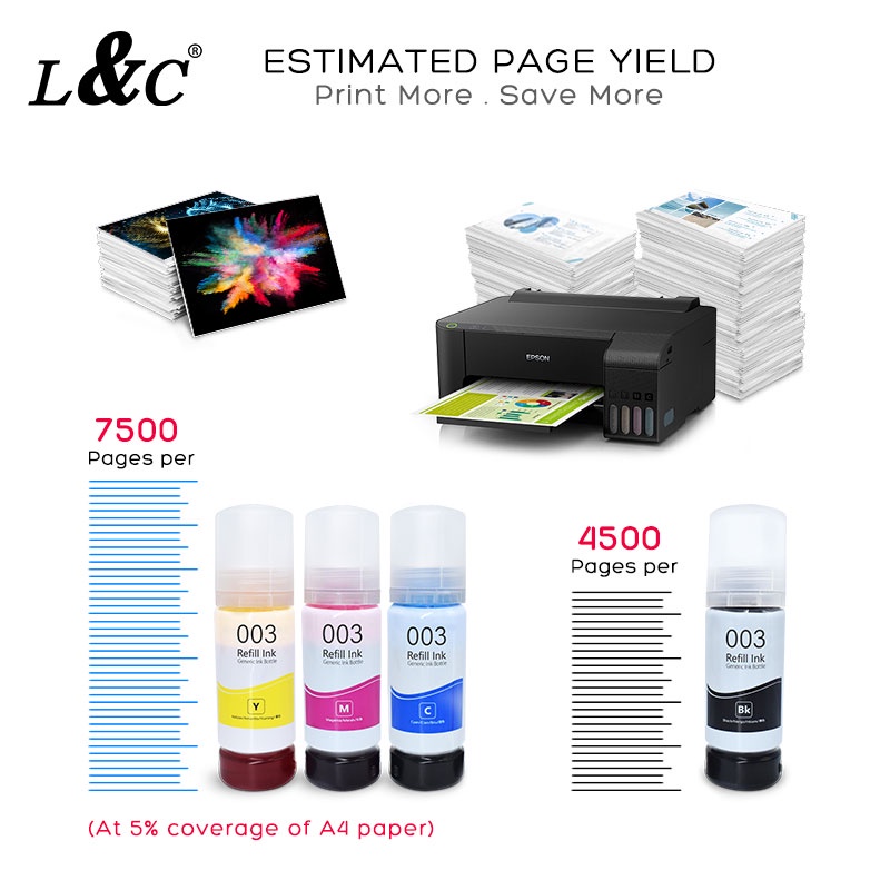 L&C Refill 003 Ink Black Dye Ink For Epson Printer ET-2700 ET-2750 ET ...