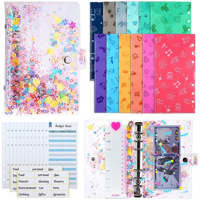29 Pieces A6 PVC Binder Glitter Cover Sets with 12 Budget Envelopes ...