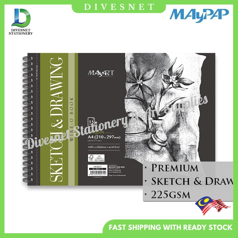 MayArt 15s 225gsm Wire-O Premium Sketch & Drawing Book A3 (MA00316 ...
