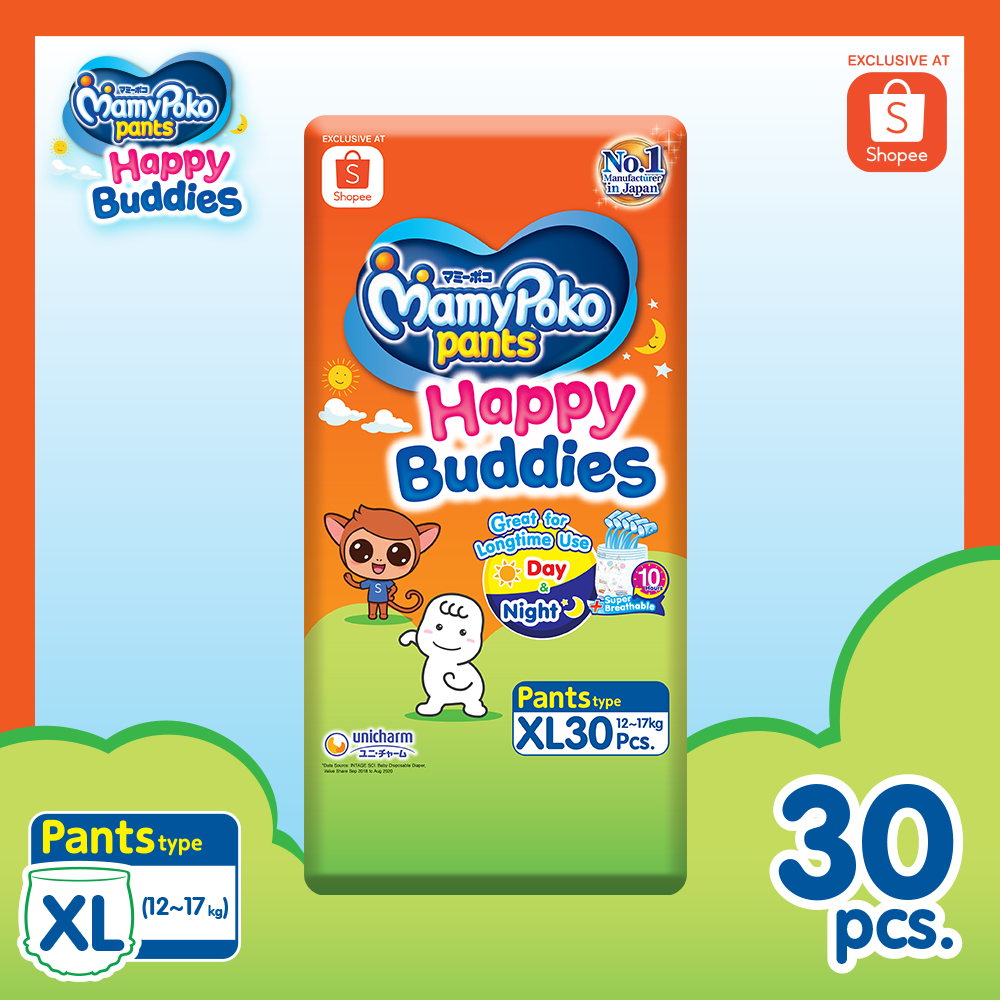 [Shopee Exclusive] MamyPoko Happy Buddies Baby Diaper Pants XL (30 pcs ...