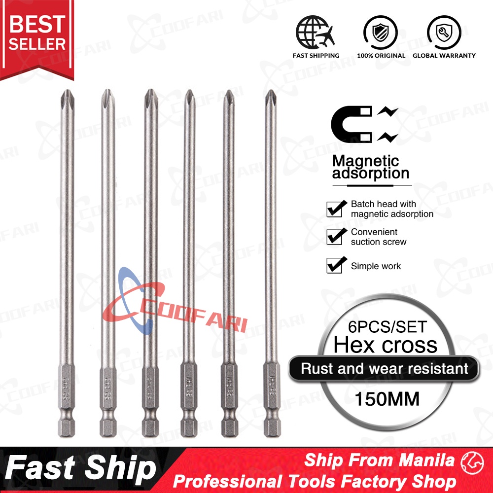 6Pcs/Set 1/4'' Shank 150mm Long S2 Steel Magnetic Hex Cross Head ...