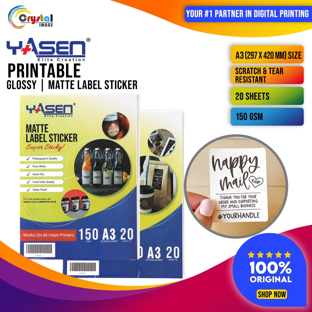 Printable Label Sticker A3 Yasen Glossy150 GSM (20 sheets per pack ...