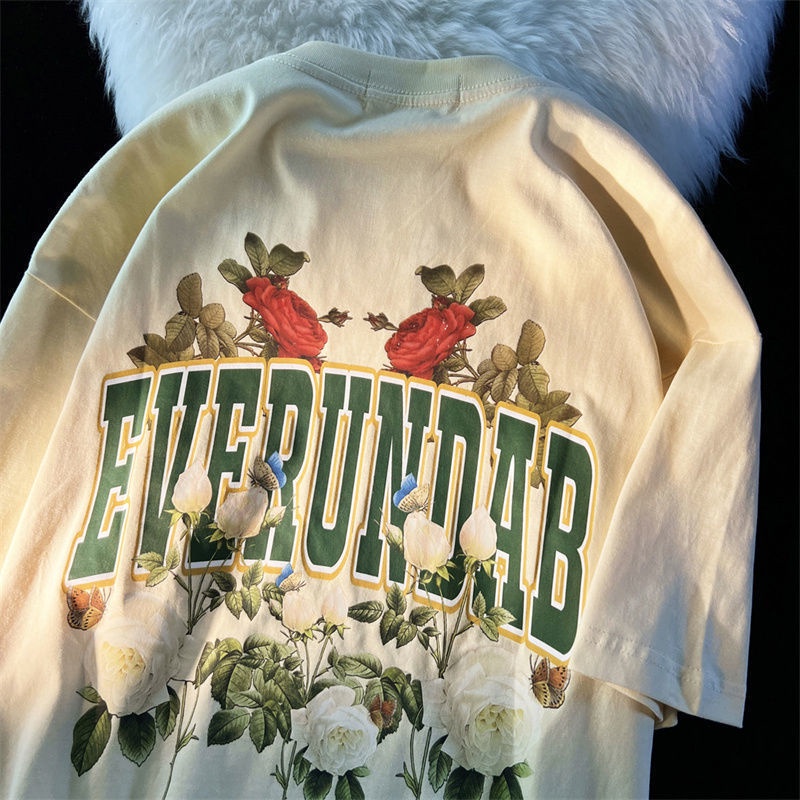 American Retro Rose Print Short-Sleeved T-Shirt Female oversize Loose ...