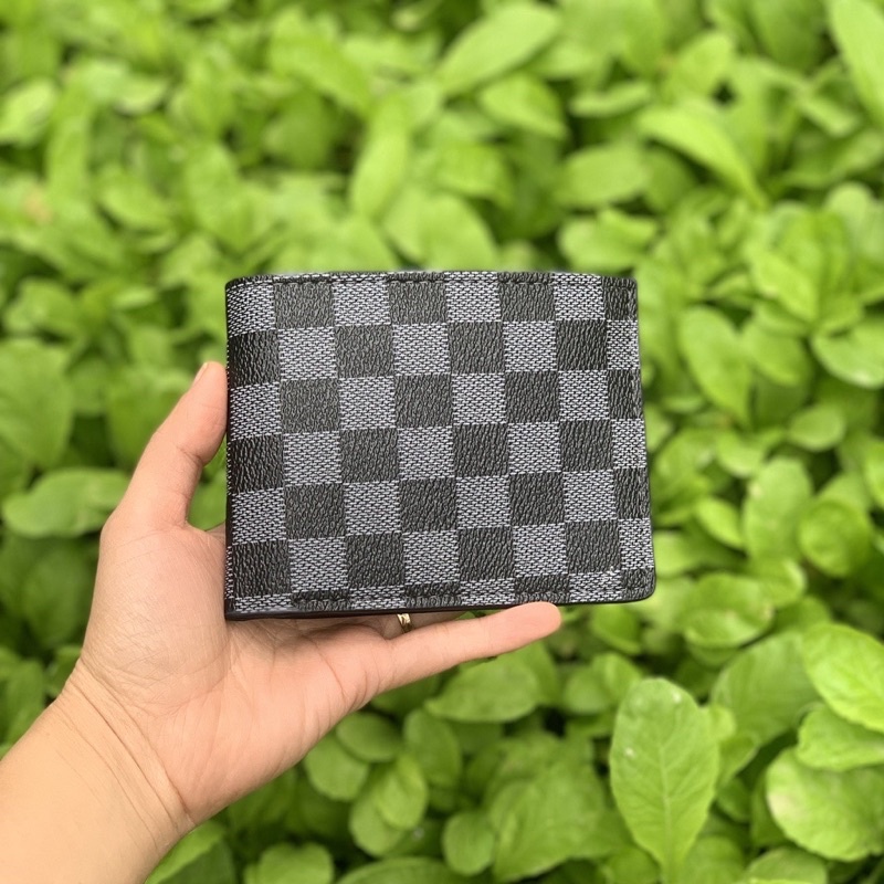 Men's plain wallet, checkered pattern, wood color with many convenient ...