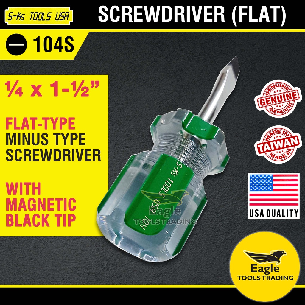 S-Ks Tools USA Green Stubby Screwdriver Flat Minus Tip 1-1/2inch Steel ...