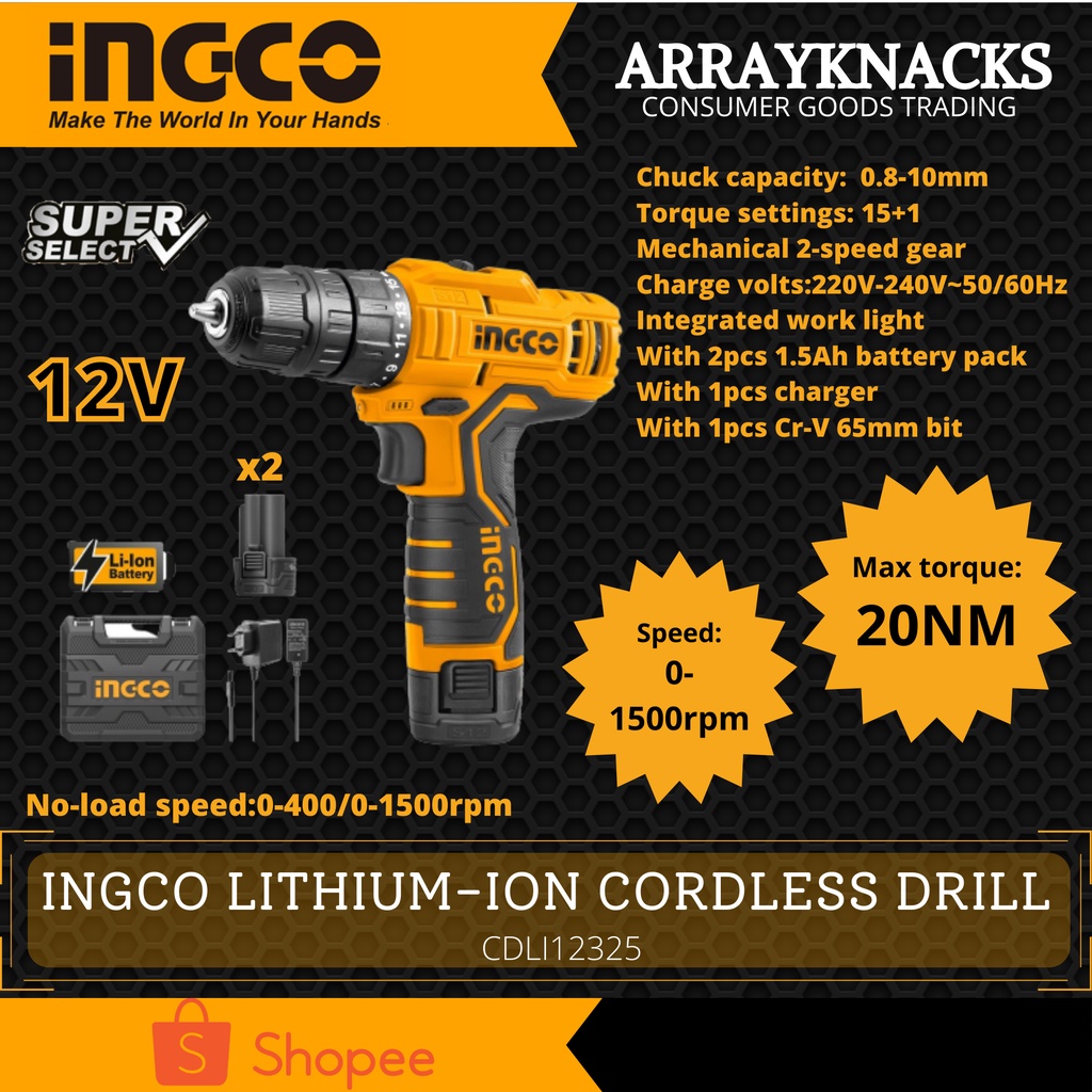 INGCO Lithium-Ion Cordless Drill 12V (CDLI12325) CORDLESS TOOLS ...