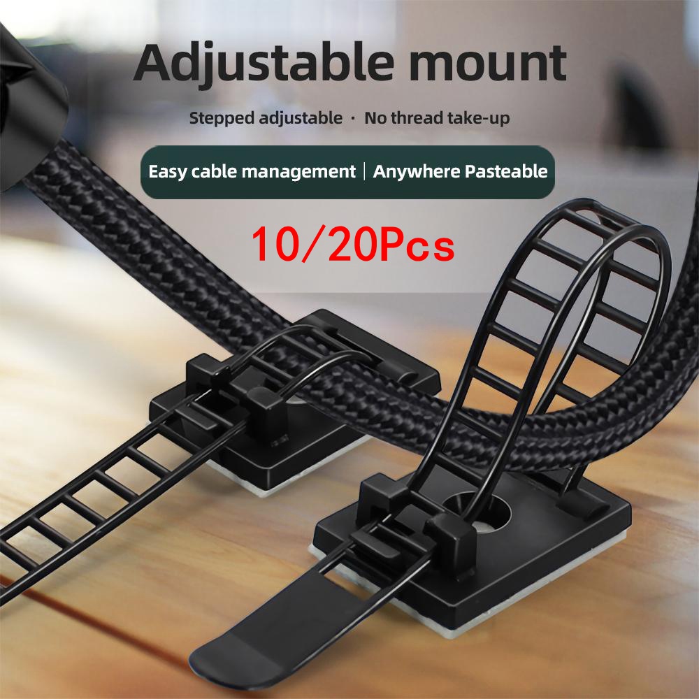 10/20 Pcs Adjustable Self-Adhesive Nylon Black Cable Ties, Cable Clamps Cable Clips Cord Clamp ...