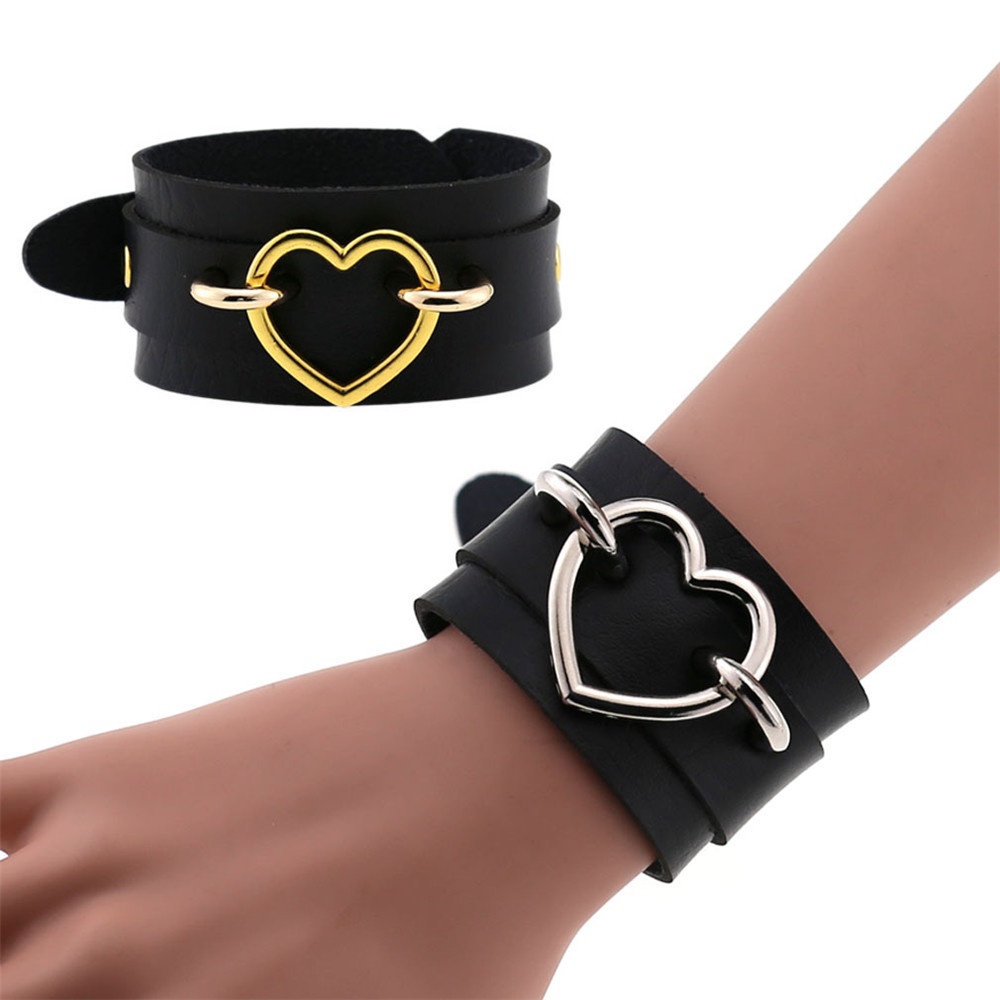 Heart Bracelet Black Leather Wristband Cuff goth gothic punk armbands ...