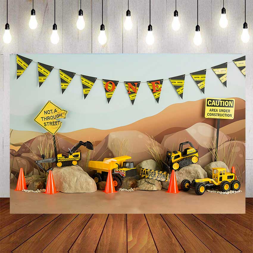 3D Construction Engineer Theme Wall Background Yellow Trucks Boy and ...