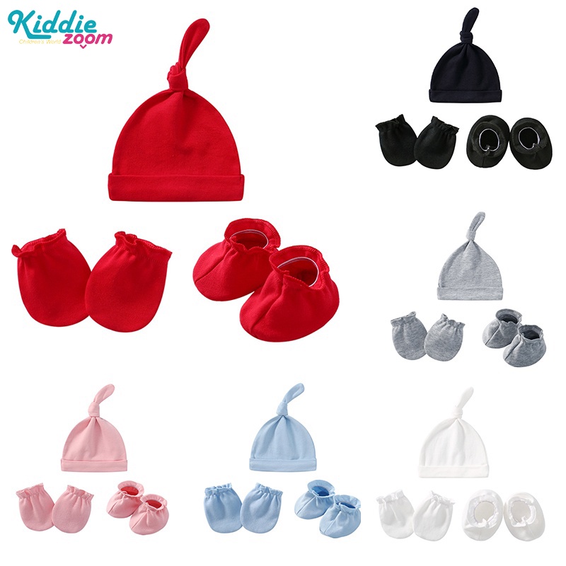 Kiddiezoom Newborn 3pcs Set Hat + Gloves + Foot Cover Solid Color Baby ...