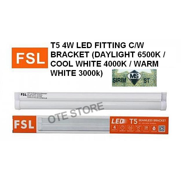 FSL T5 1FT 4W LED FITTING SET WITH BRACKET (SIRIM) (DAYLIGHT / COOL WHITE / WARM WHITE) | Shopee ...