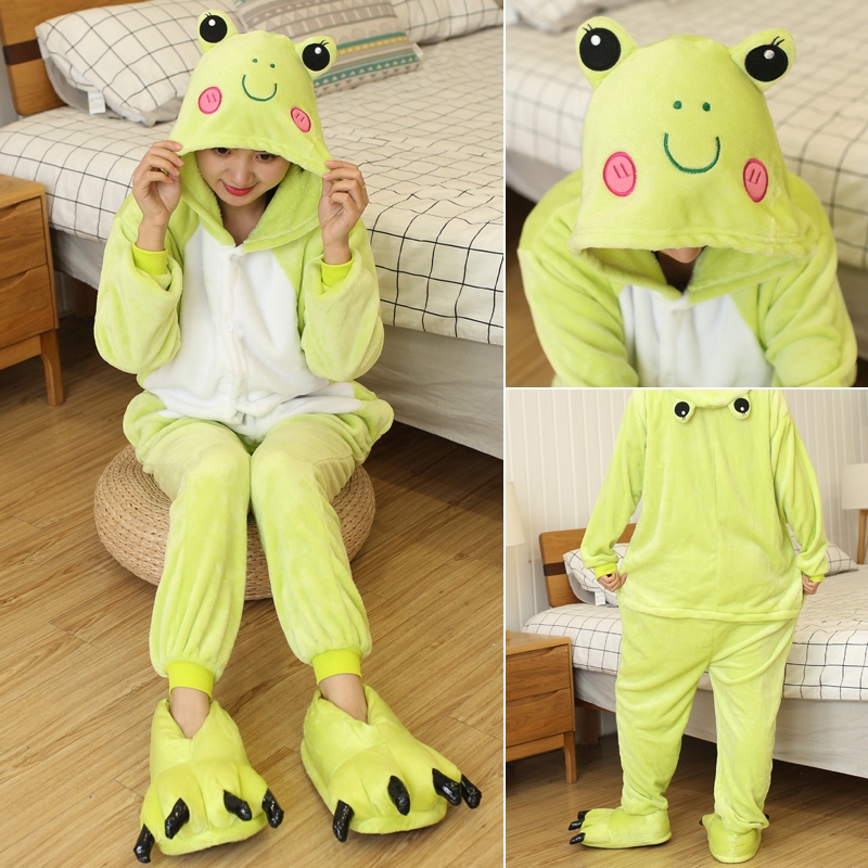 Adult Cute Cartoon Frog Onesies Women Flannel Long Sleeve Pajamas Kigurumi Animal Sleepwear ...