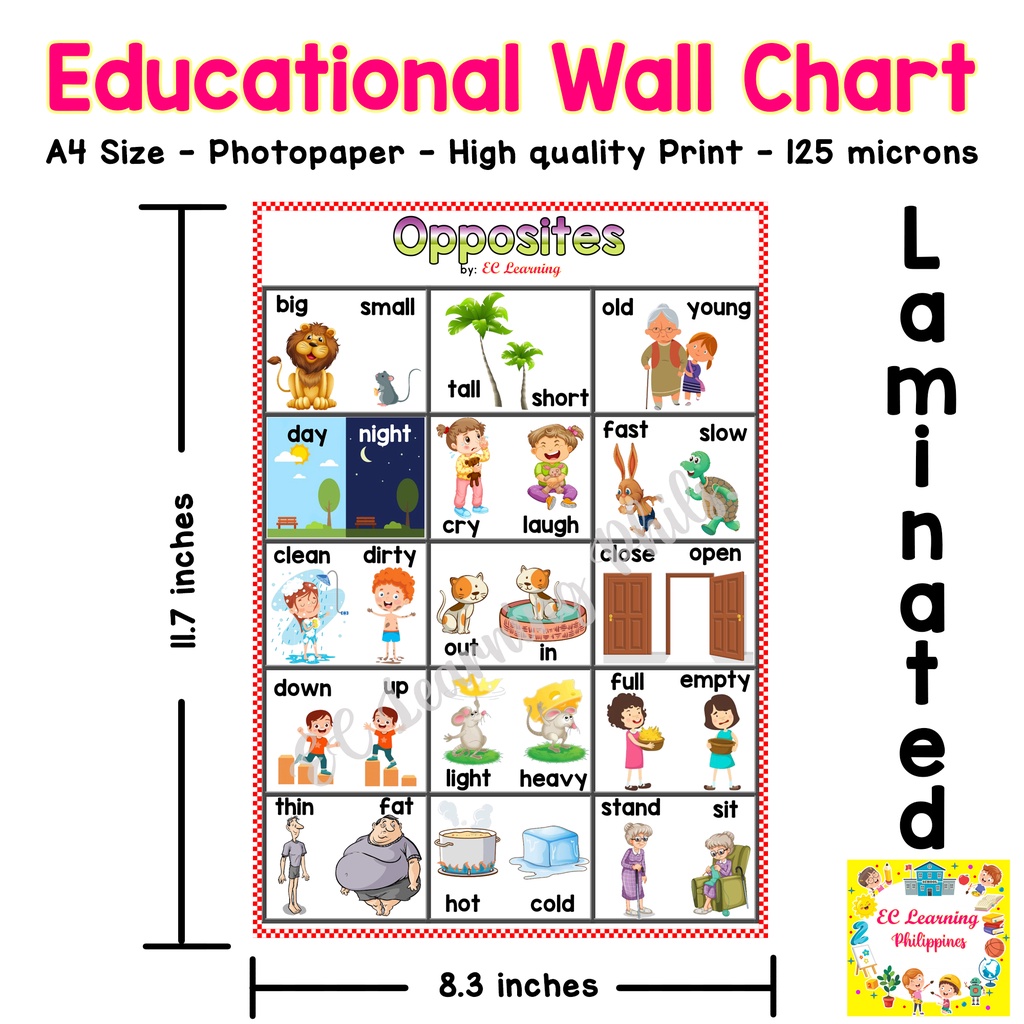 A4 OPPOSITES Laminated Educational Wallcharts for Kids | Shopee Philippines