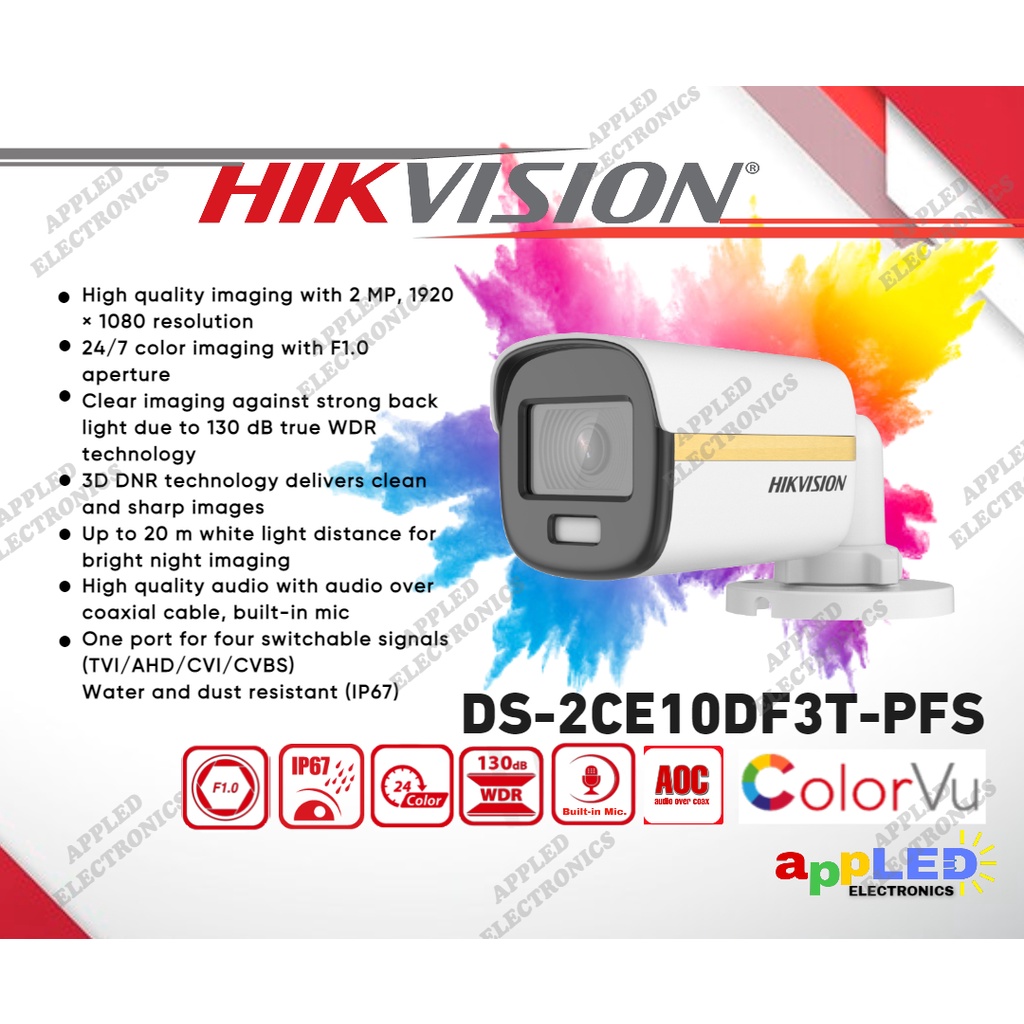 Hikvision DS-2CE10DF3T-PFS 2MP Audio Bullet Analog ColorVu CCTV Camera with Built-in Mic ...