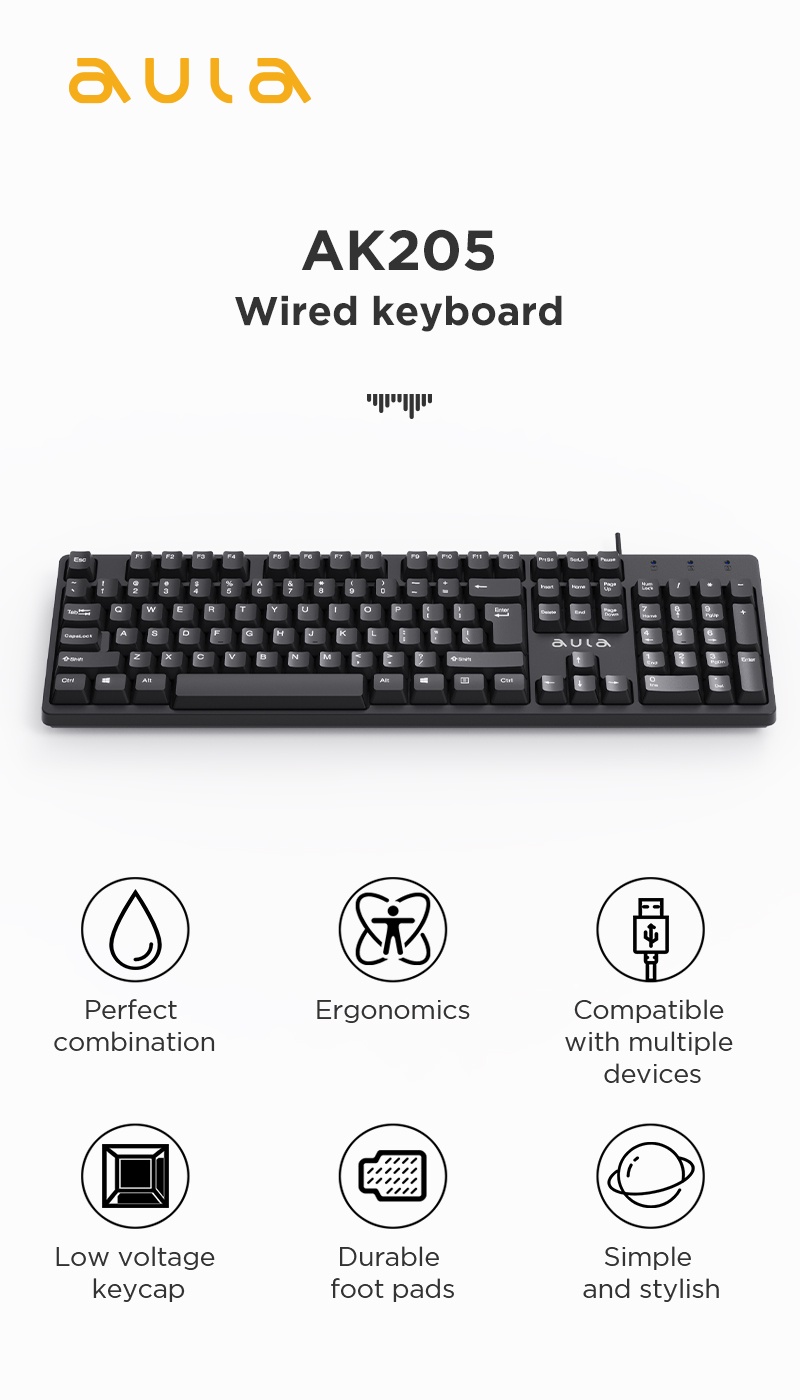 AULA AK205 Wired Keyboard | Full-Sized | 10 million Keylife | 1.5m USB Cable | Plug and Play ...