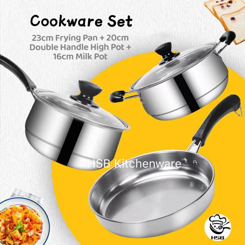 3pcs Cookware Kitchen Stainless Steel Soup Pot Saucepan Induction Safe ...