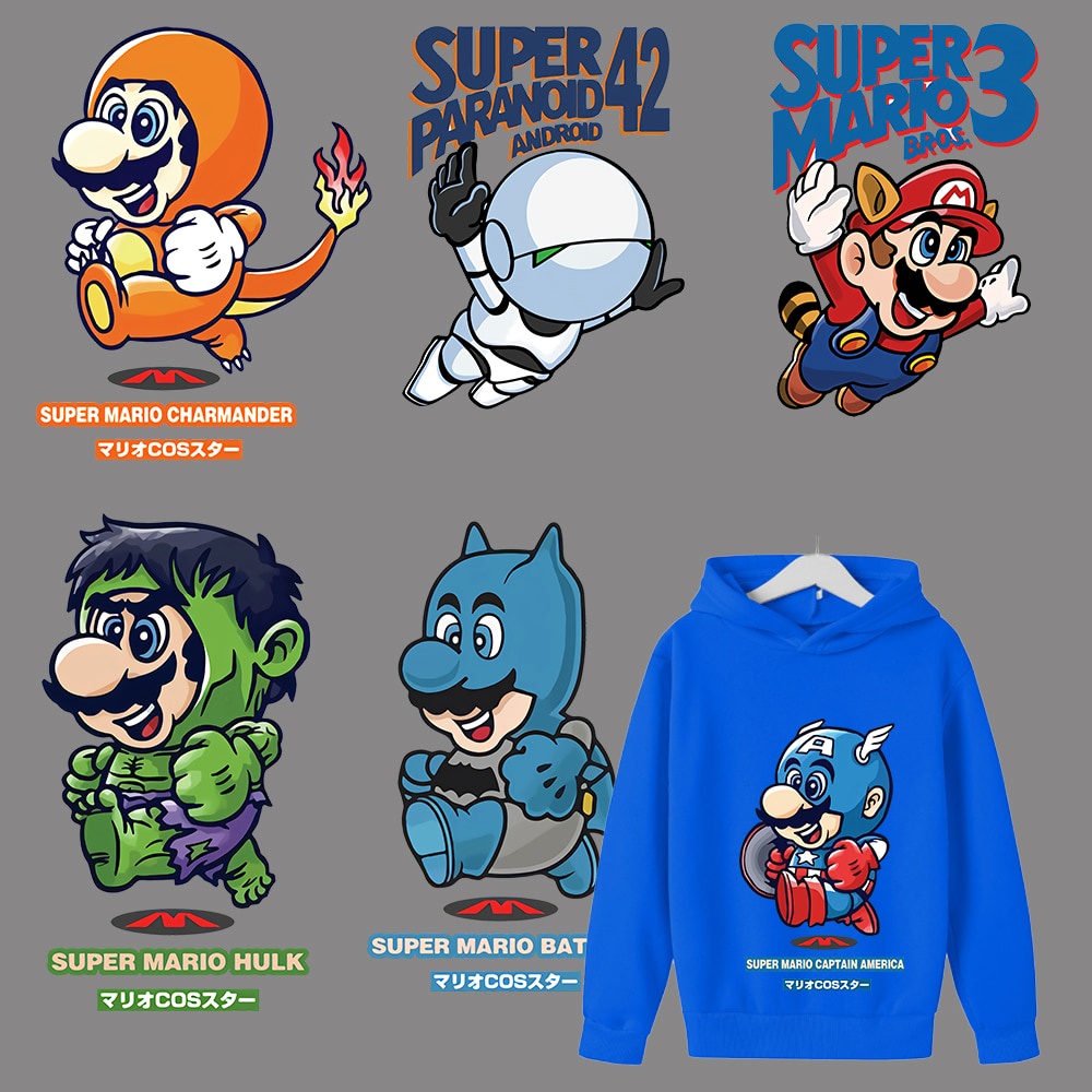 Hot Mario Bros Stickers Iron on Clothes Cartoons Thermal Stickers for ...