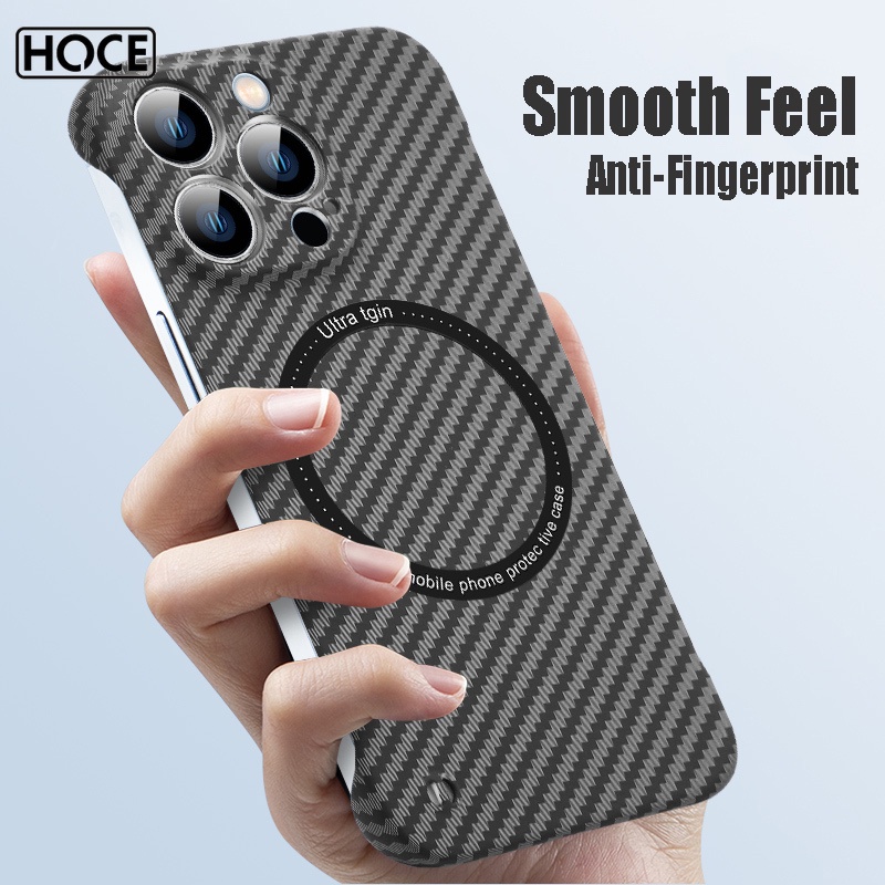 HOCE Carbon Fiber Frameless Magnetic Wireless Charging Phone Case For iPhone 16 15 13 12 11 14 ...