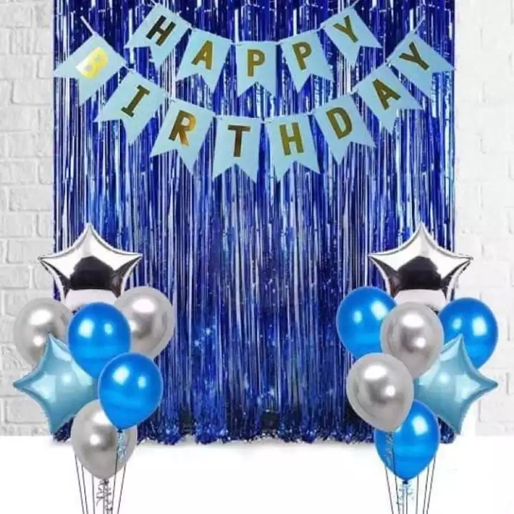 Birthday Set Package 181 Silver Blue: HBD Banner +Foil Curtain +4 Star ...