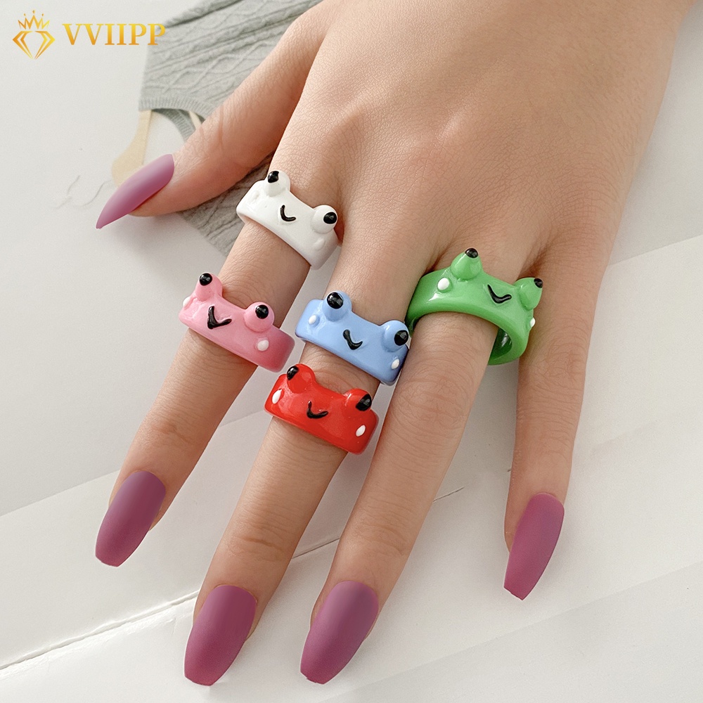 Cute Resin Chick Rings Cartoon Frog Colorful Wide Brim Ring for Women ...