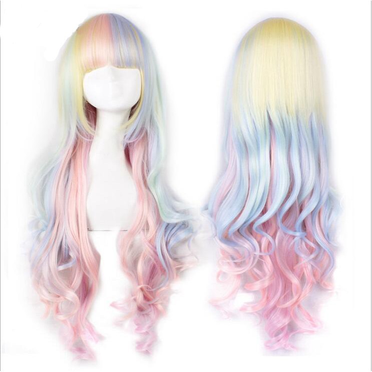 Women Color Mix Ice Cream Rainbow Long Full Wavy Curly Hair Wig Lolita ...