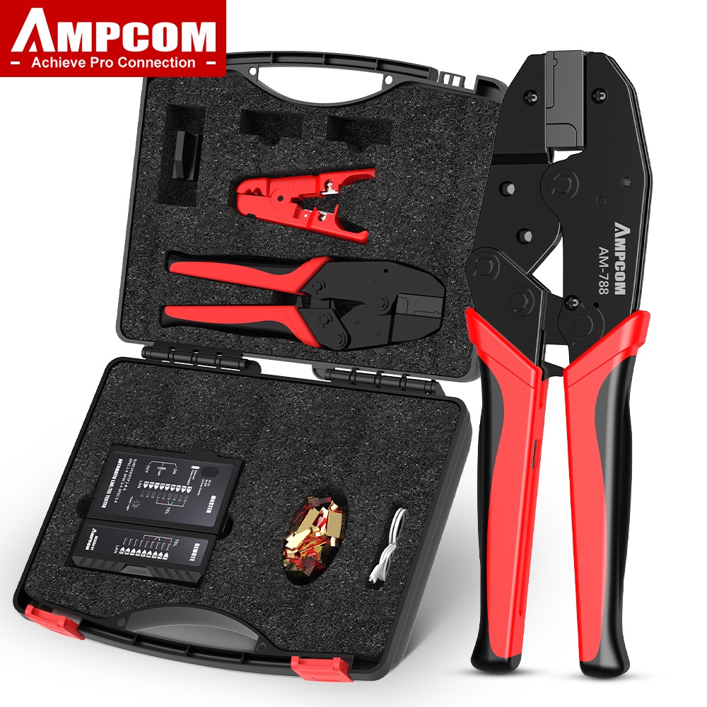 AMPCOM RJ45 Crimper Lan Tester Tool Set Ethernet Cable Stripper Punch ...