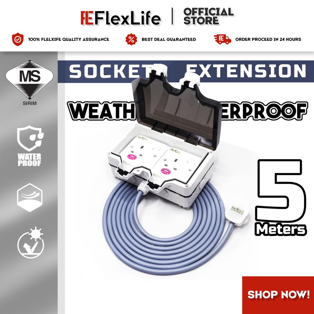 HEAVY DUTY WEATHERPROOF Extension (Pure Copper) 5M Wire 2 Gang Socket ...