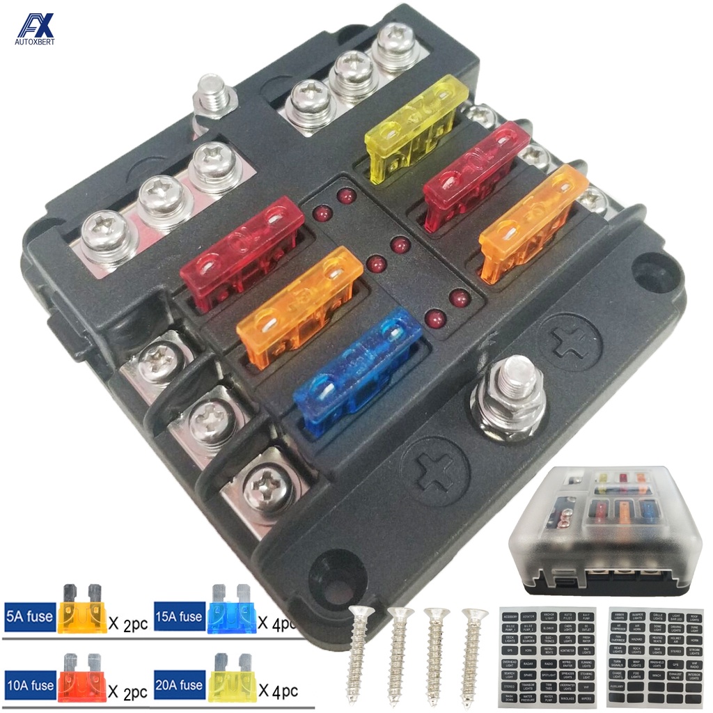 6 Way Blade Fuse Block Box Holder 6 Circuit Bus with LED Indicator For 12V/24V Automotive Truck ...