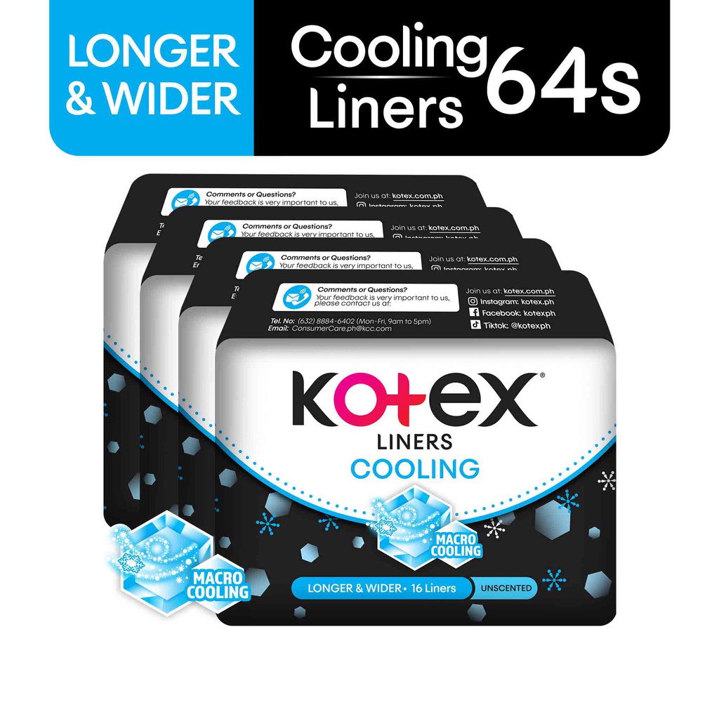 Kotex Cooling Longer & Wider Liners - 16s x 4 Packs (64 Pantiliners ...
